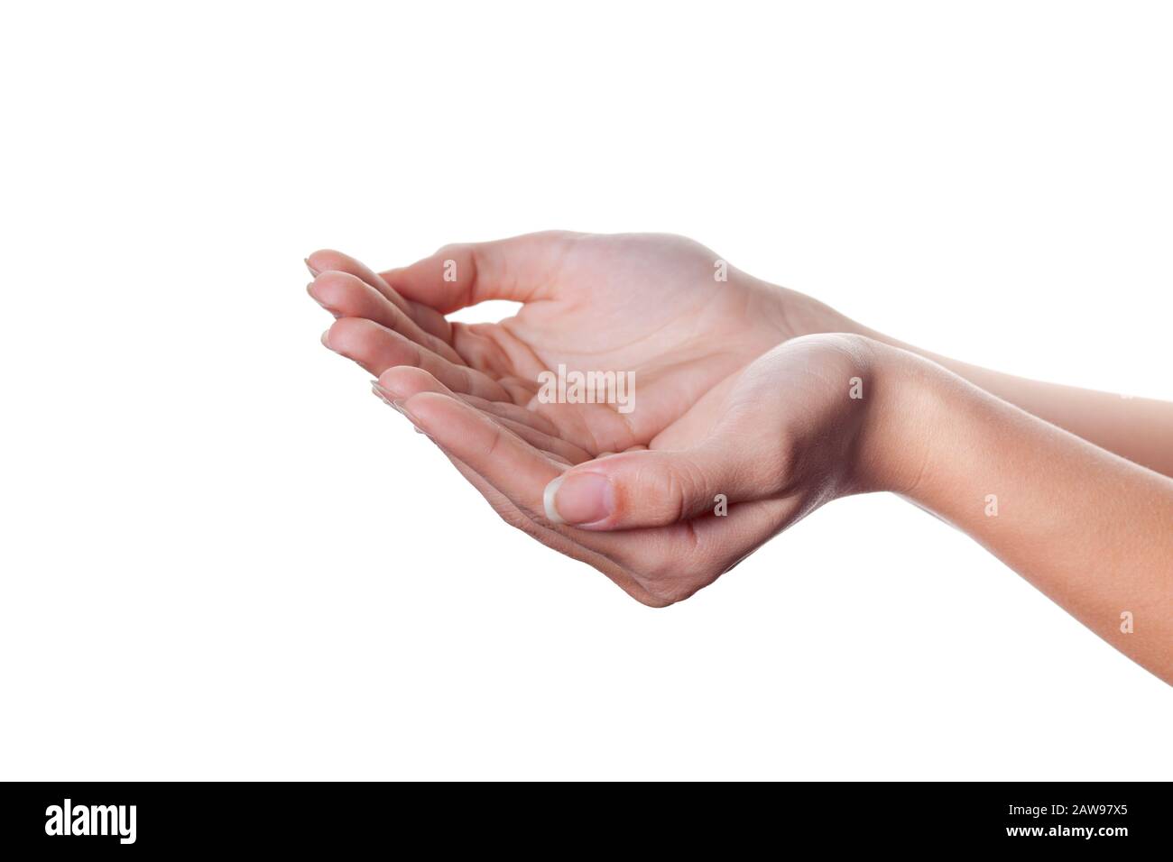Outstretched cupped hands of young woman isolated on white Stock Photo ...