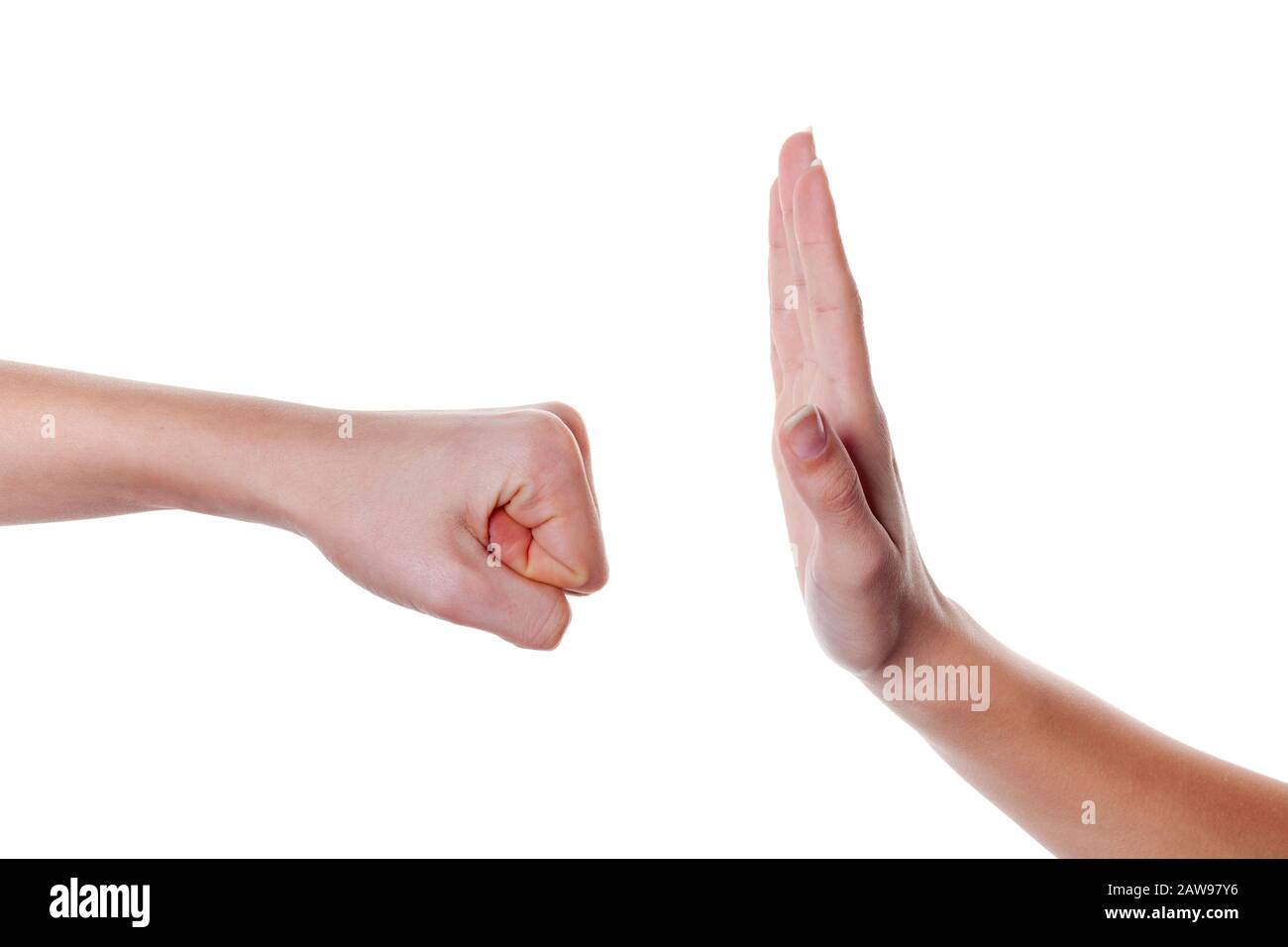 Hand fist in the attack and in defense of the open hand on white Stock ...