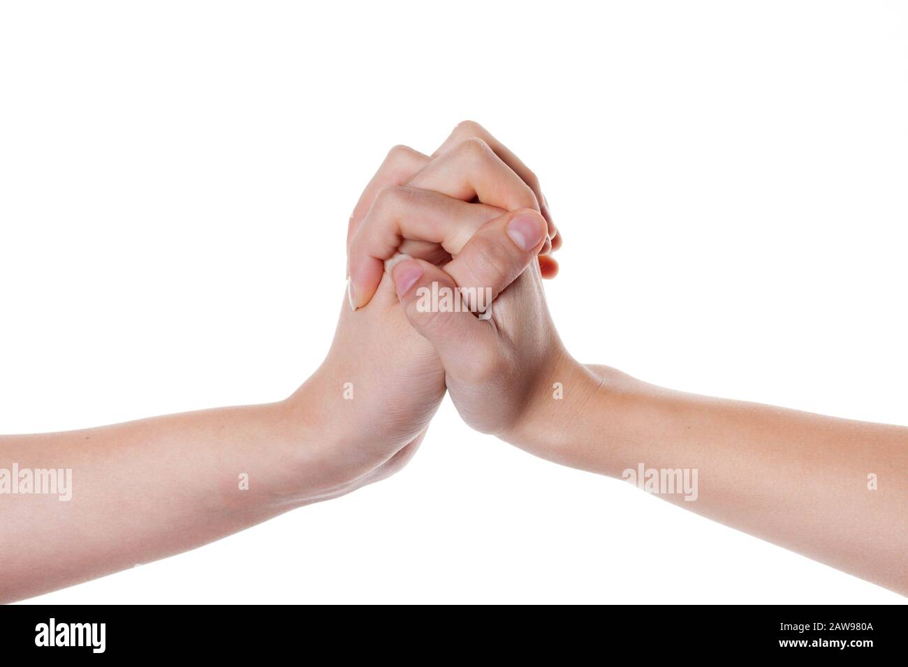Hands of women holding together isolated on white background Stock ...