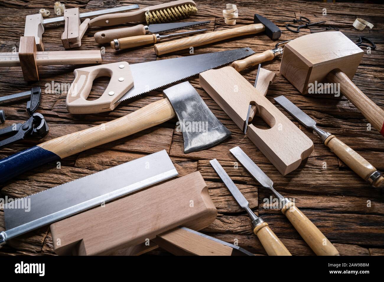 Various Carpenter Tools From Toolkit Laying On Desk Stock Photo - Alamy