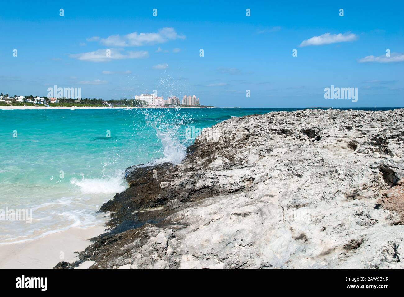 The coastline view and the wave splash on Paradise Island beach ...