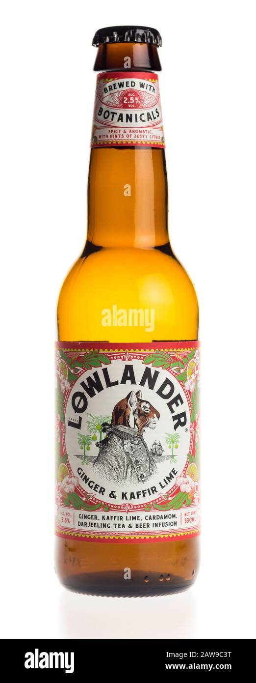 Bottle of dutch Lowlander Ginger and Kaffir Lime beer isolated on a ...
