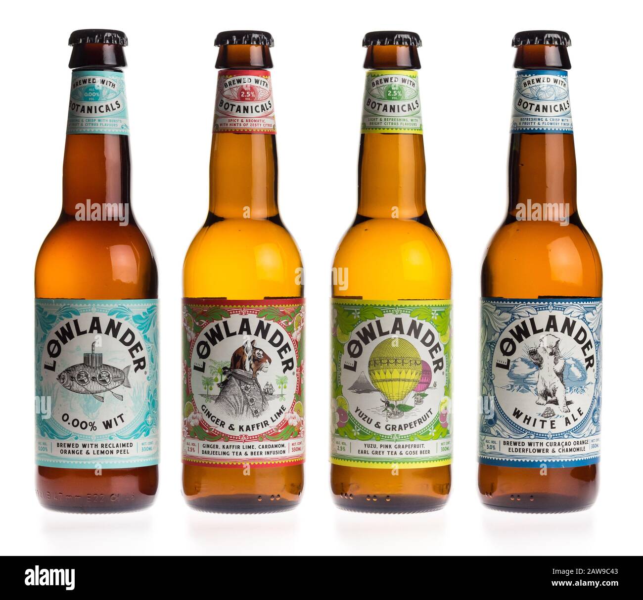 Bottles of dutch Lowlander craft beers isolated on a white background ...