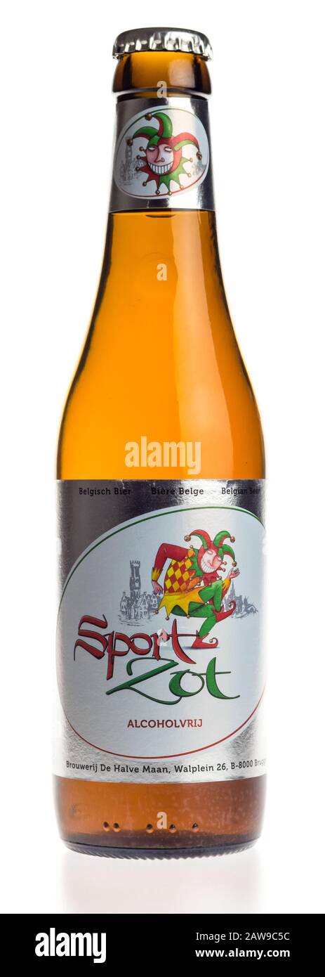 Bottle of non alcoholic Brugse Zot Sport beer isolated on a white ...