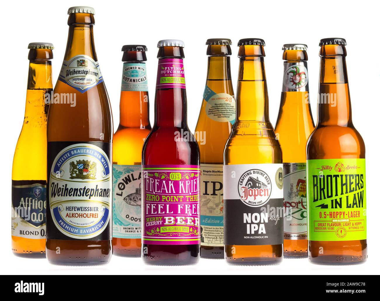 Collection of non alcoholic craft beers isolated on a white background ...