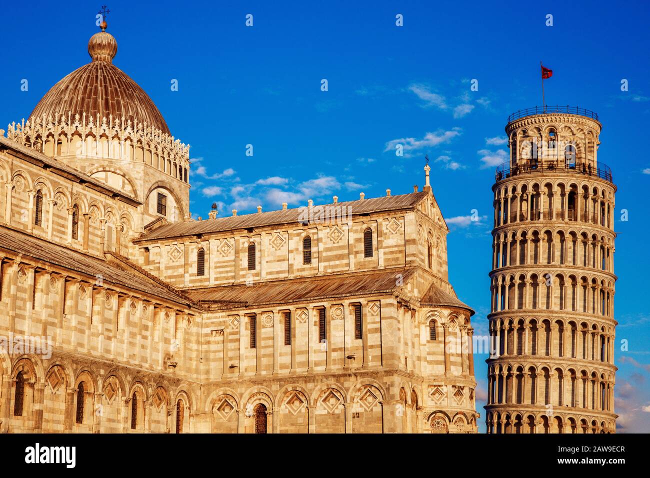 Cathedral and Leaning Tower in sunny day Pisa, Italy. Blue sky Stock ...