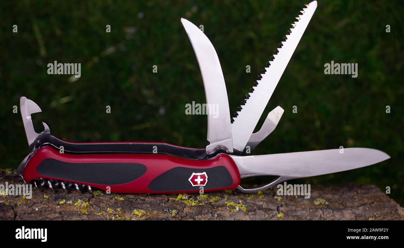 Ibach, Switzerland 02.02.2020 - opened multitool Swiss Army knife ...