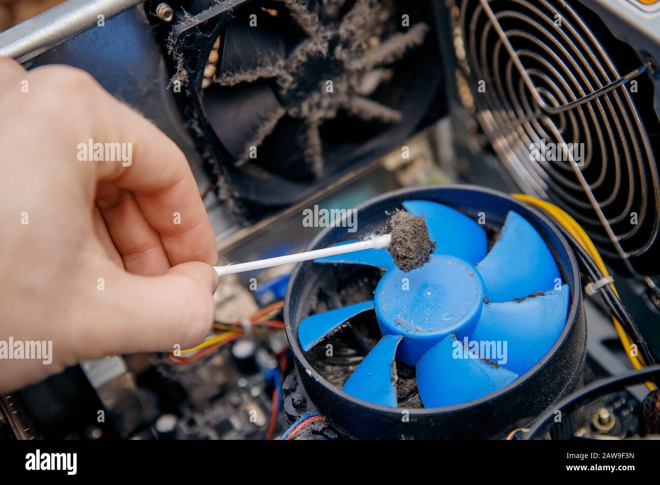 Dust on computer pc processor cooler with mainboard. concept Component ...