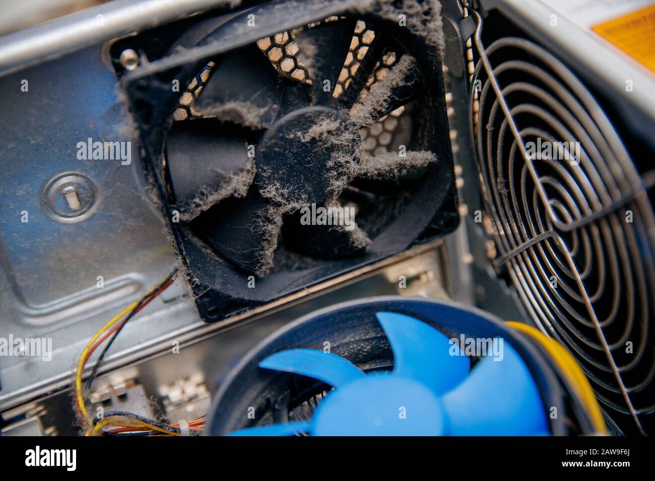 Dust on computer pc processor cooler with mainboard. concept master ...