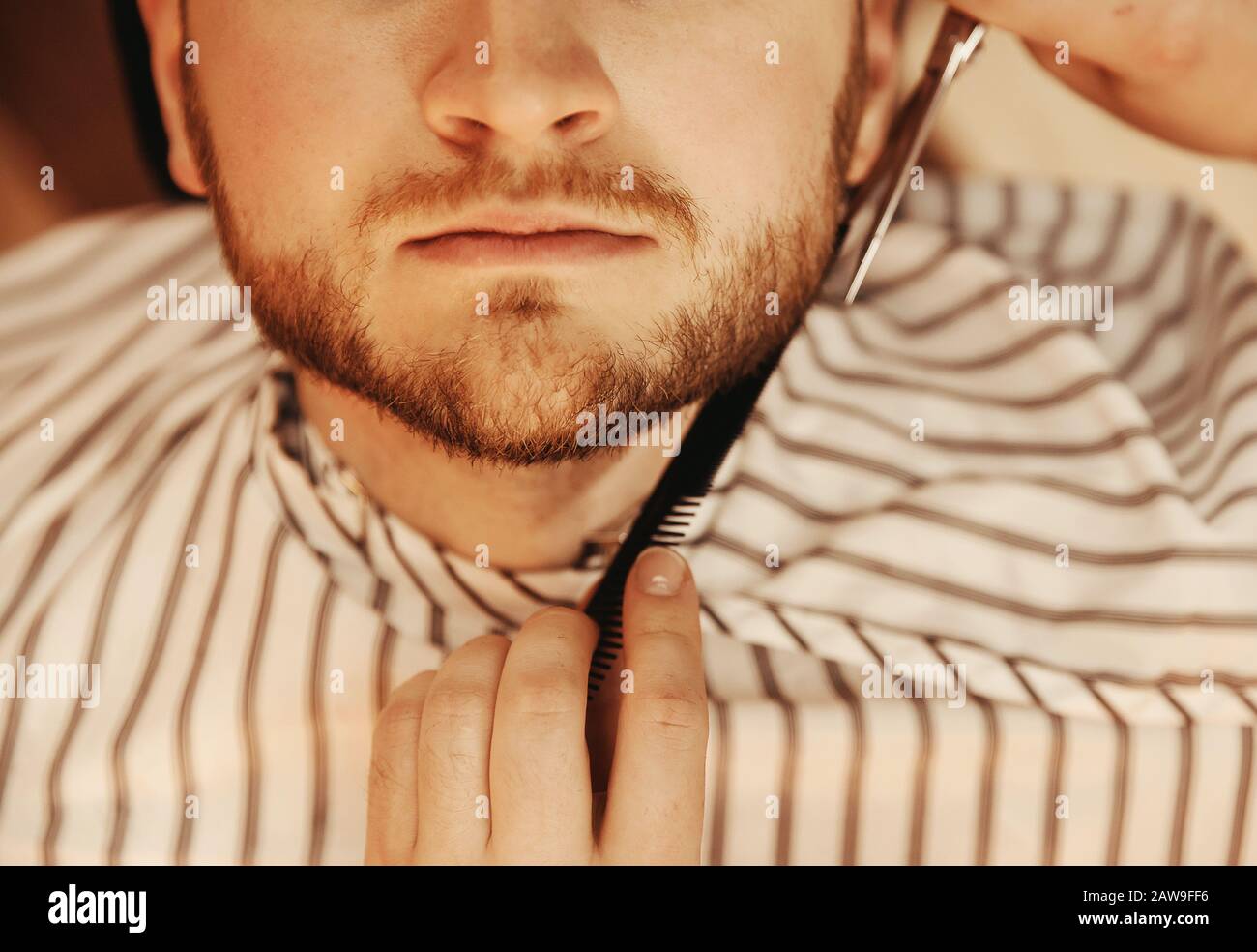 Lower part of face bearded man in striped peignoir men Barber shop ...