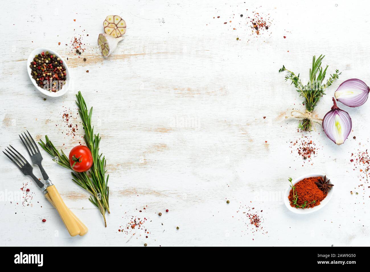 Cooking banner. Background with spices and vegetables. Top view. Free ...