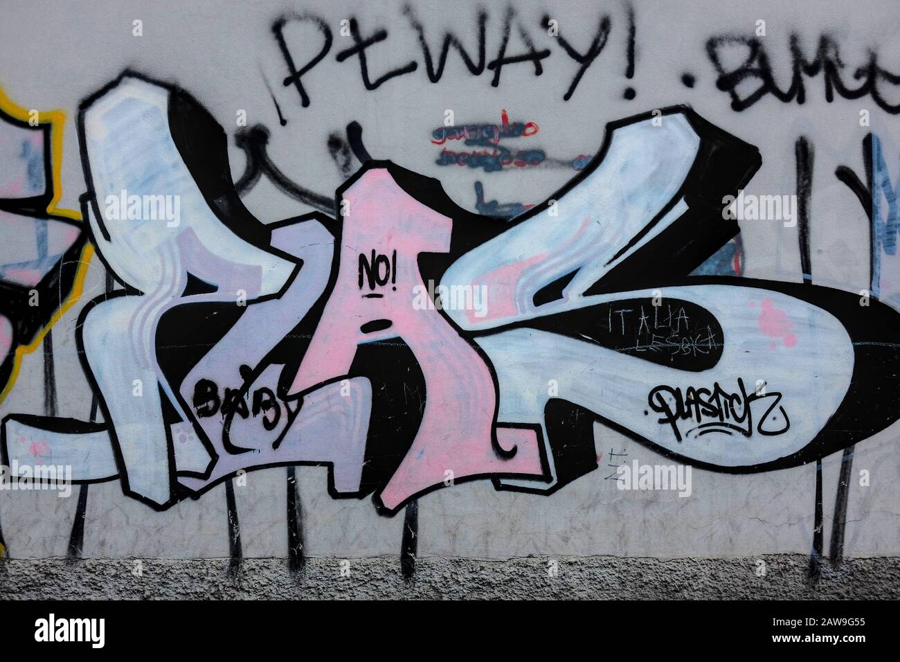 Modern graffiti in a street of the suburbs of Milan, Italy, depicting a ...