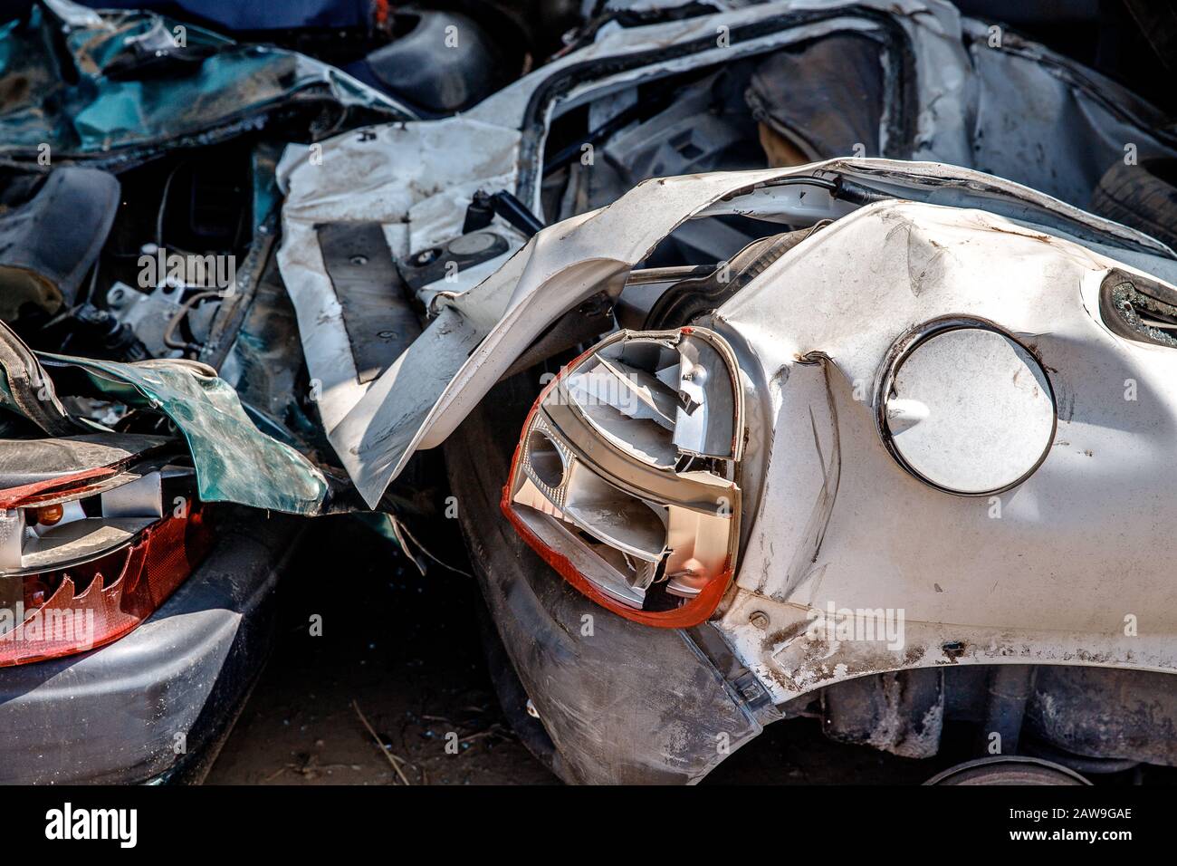 Broken car after an accident on highway, big collision road autobahn ...