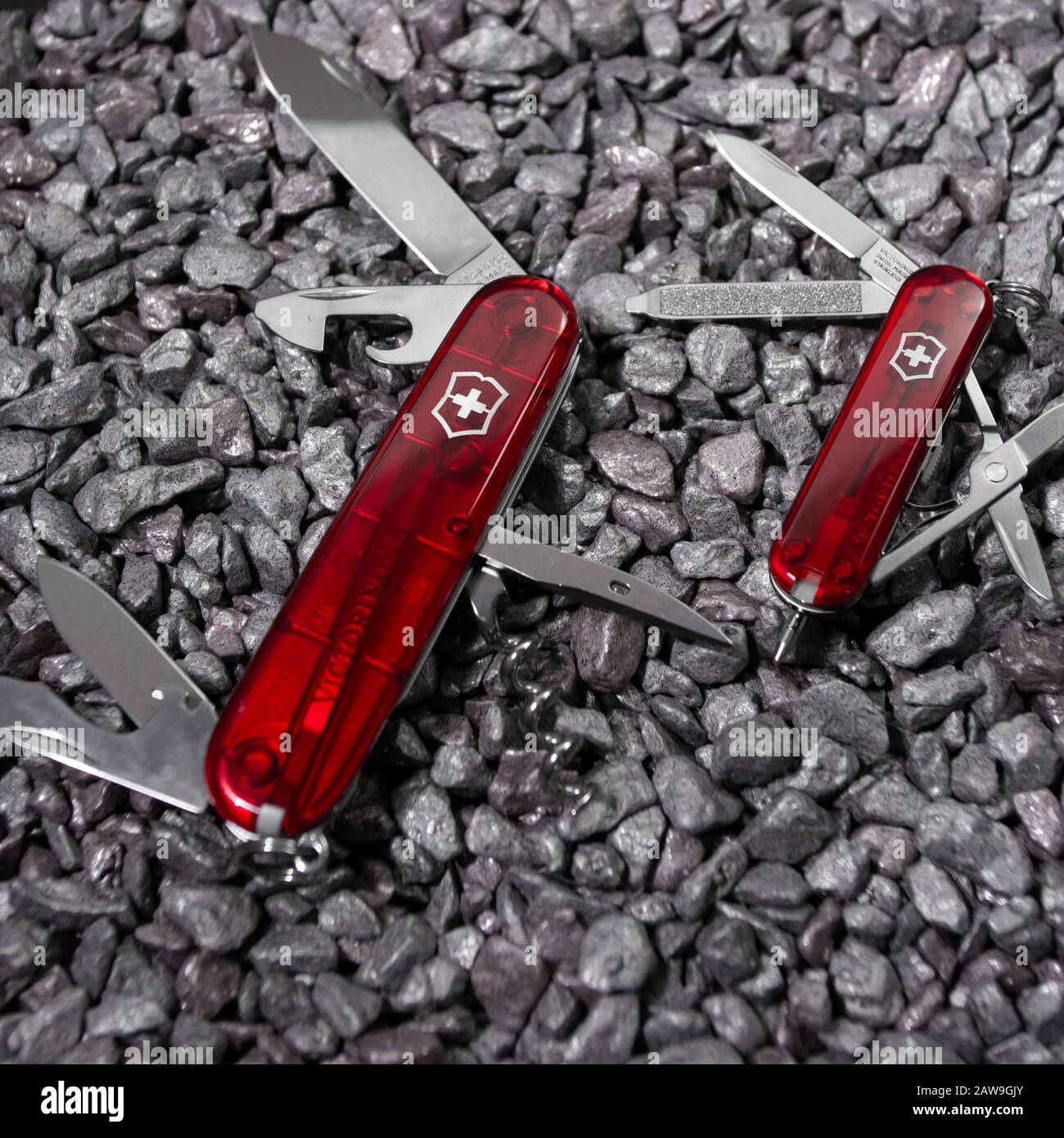 Ibach, Switzerland 02.02.2020 - Two opened Swiss Army knife Victorinox ...