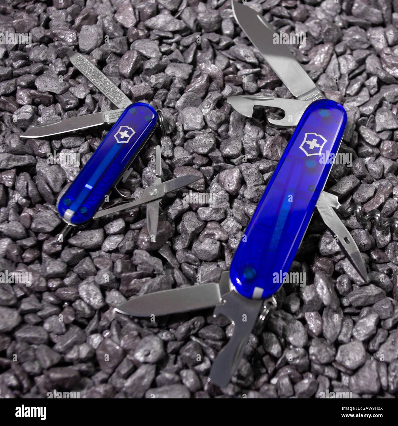 Ibach, Switzerland 02.02.2020 - Two blue opened Swiss Army knife ...