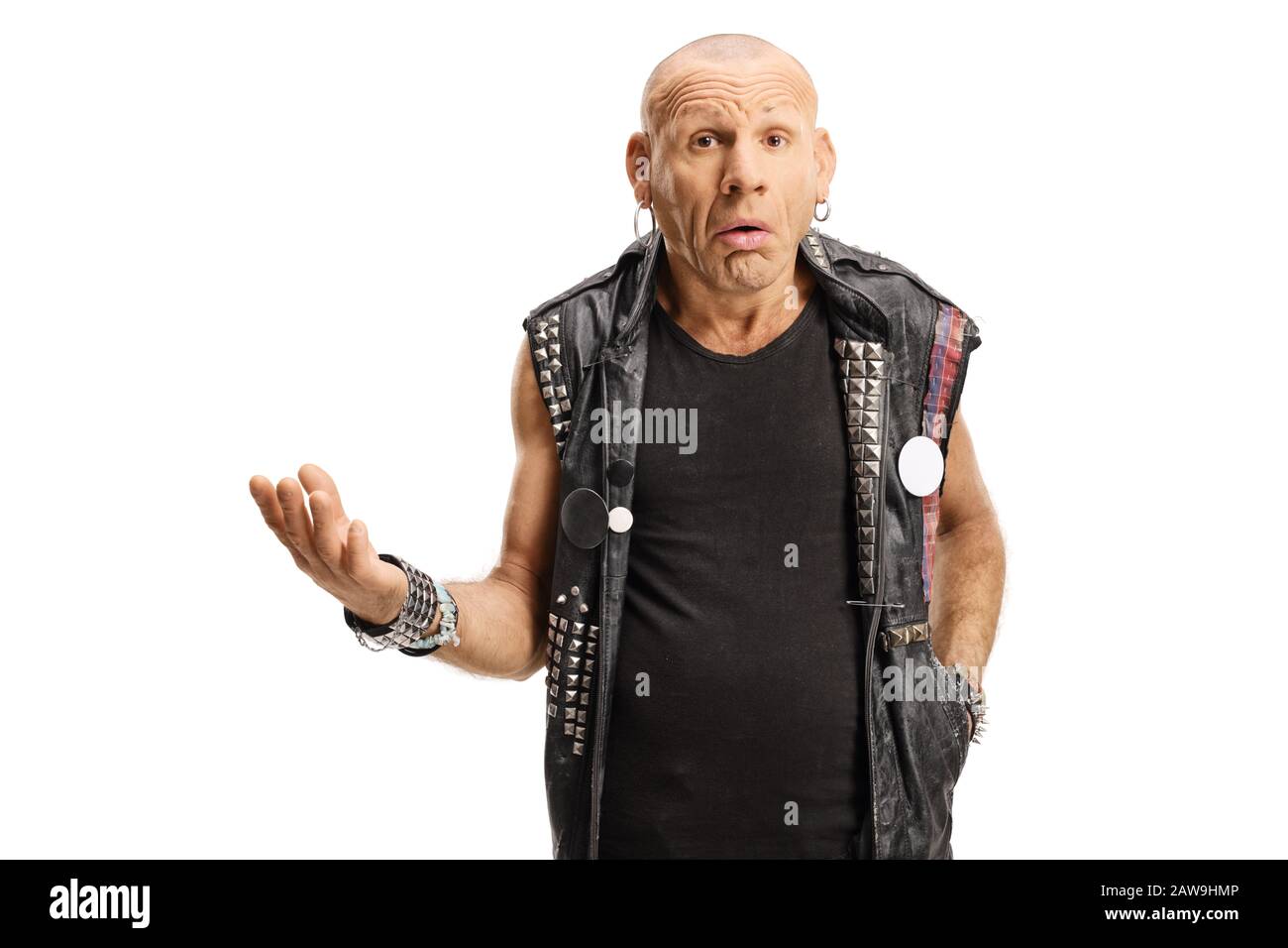 Middle aged bald punk making a grimace and gesturing with hand isolated ...