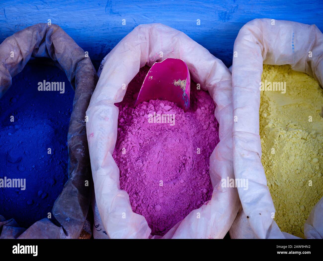CHEFCHAOUEN, MOROCCO - CIRCA MAY 2018: Bags of powdered fabric dye at ...