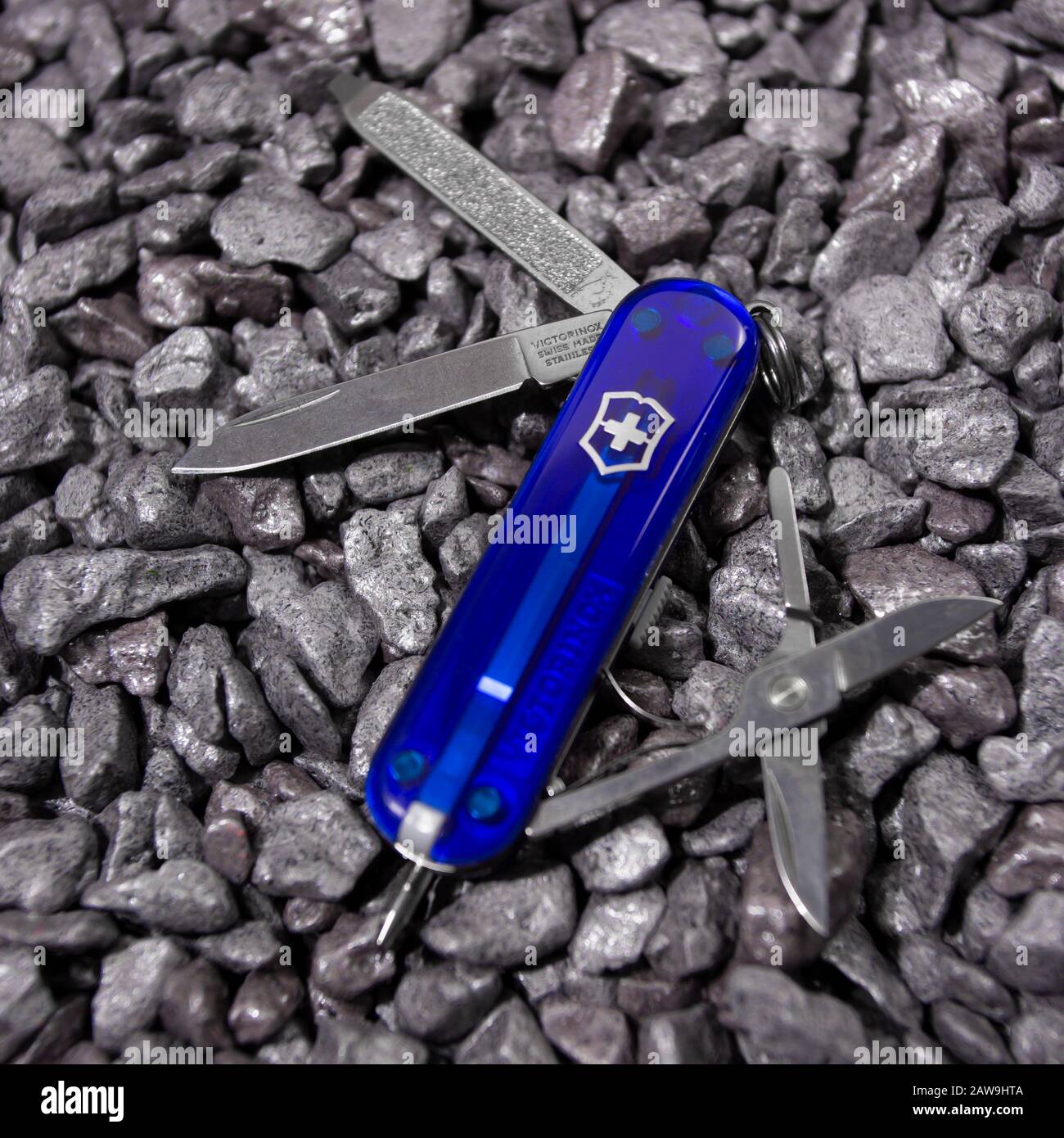 Ibach, Switzerland 02.02.2020 - blue opened Swiss Army knife Victorinox ...