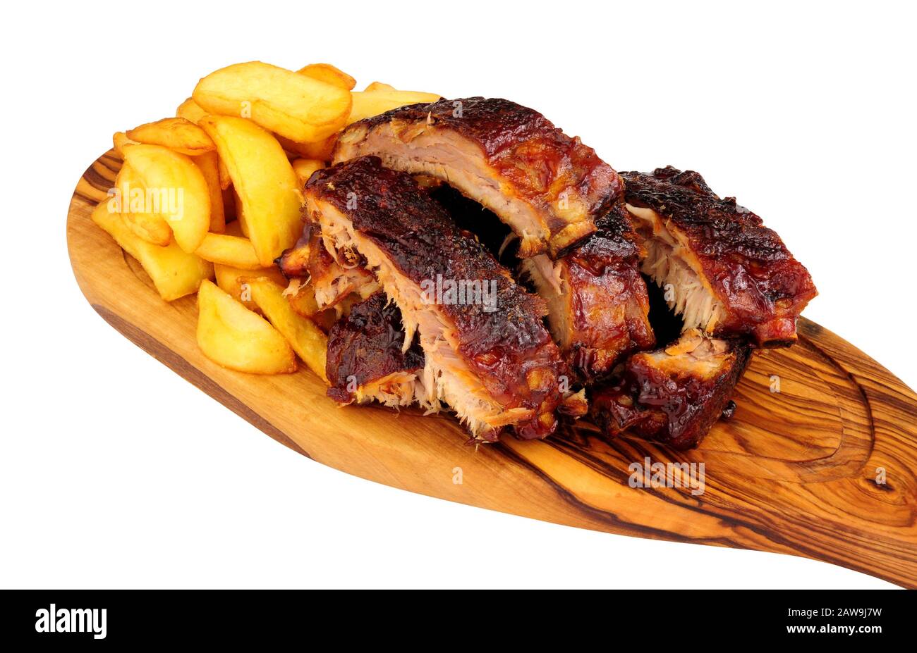Barbecued pork ribs meal with chips isolated on a white background ...