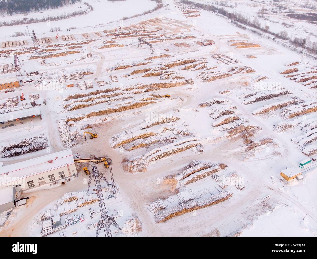 Sawmill, log storage timber, winter harvesting of wood Stock Photo - Alamy