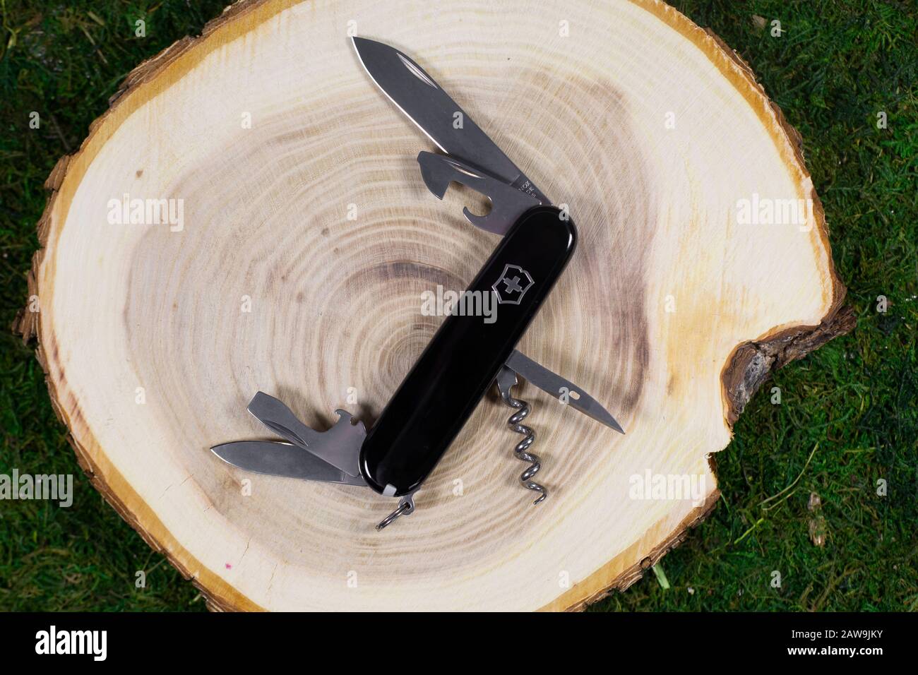 Ibach, Switzerland 02.02.2020 - black opened Swiss Army knife ...