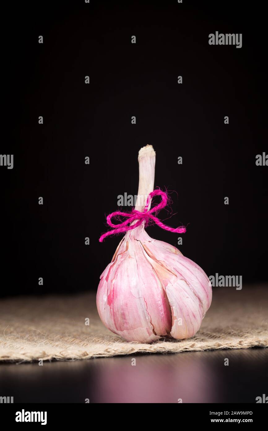 Pink garlic bulb on the dark background. Rustic surface. One bulb ...