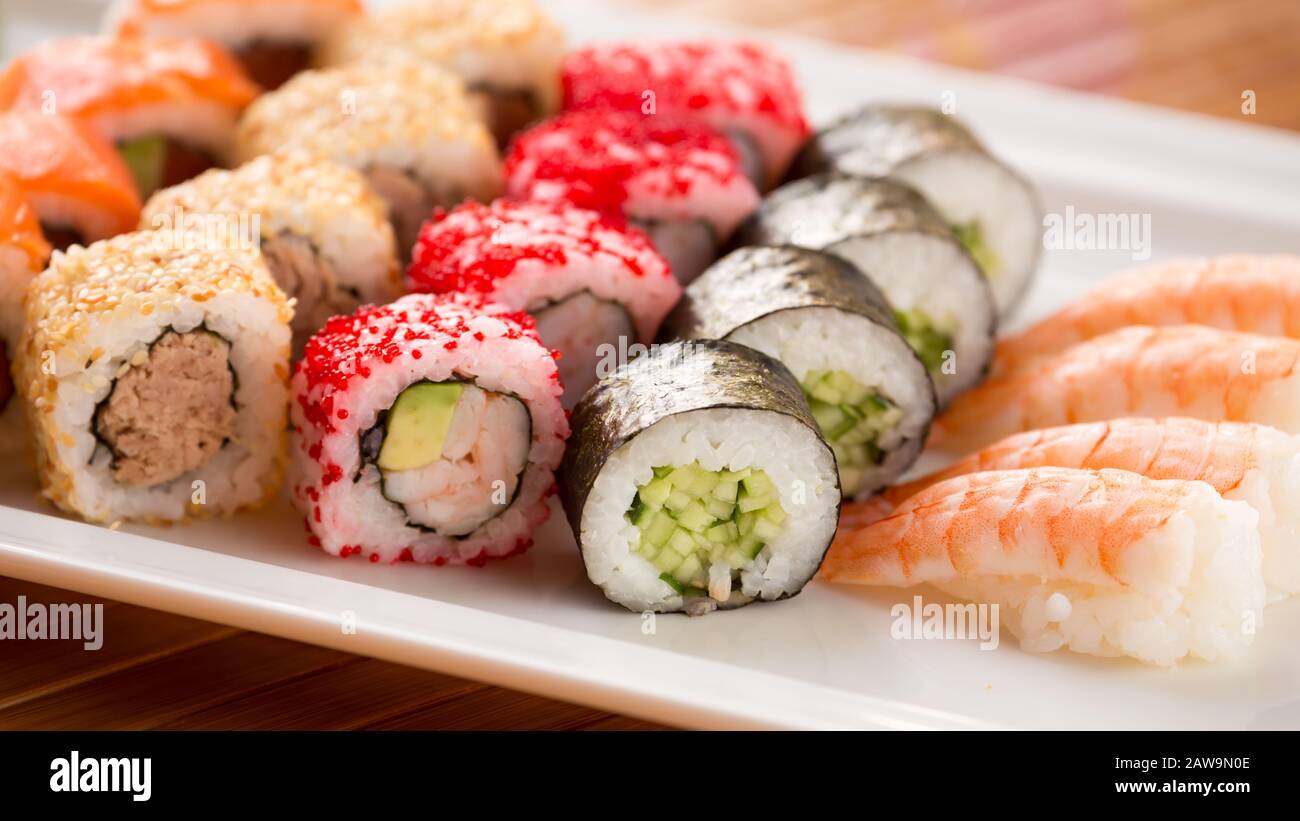 Sushi plate in asian restaurant. Horizontal, wide screen format Stock ...