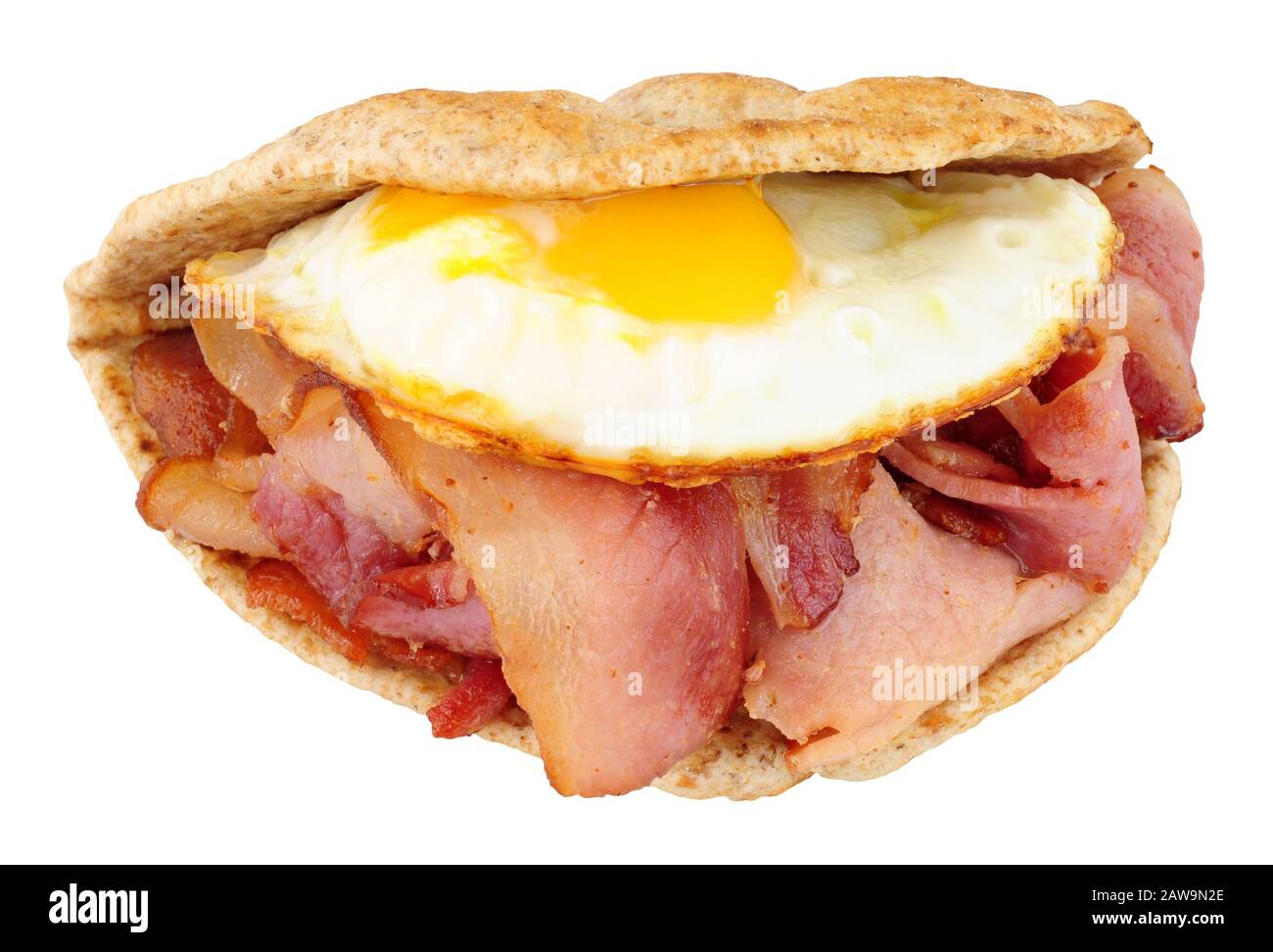 Fried egg and bacon flatbread sandwich isolated on a white background ...