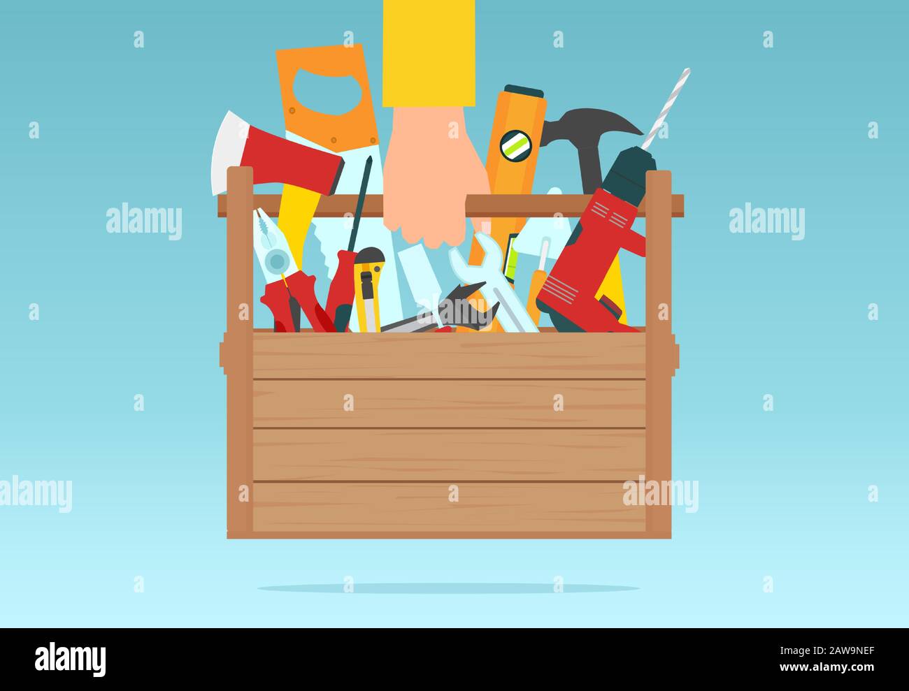 Vector of a repair man holding toolbox, set of instrument for ...