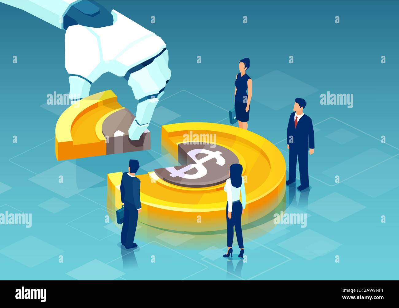 Vector of a robot hand taking piece of dollar coin cain from business ...