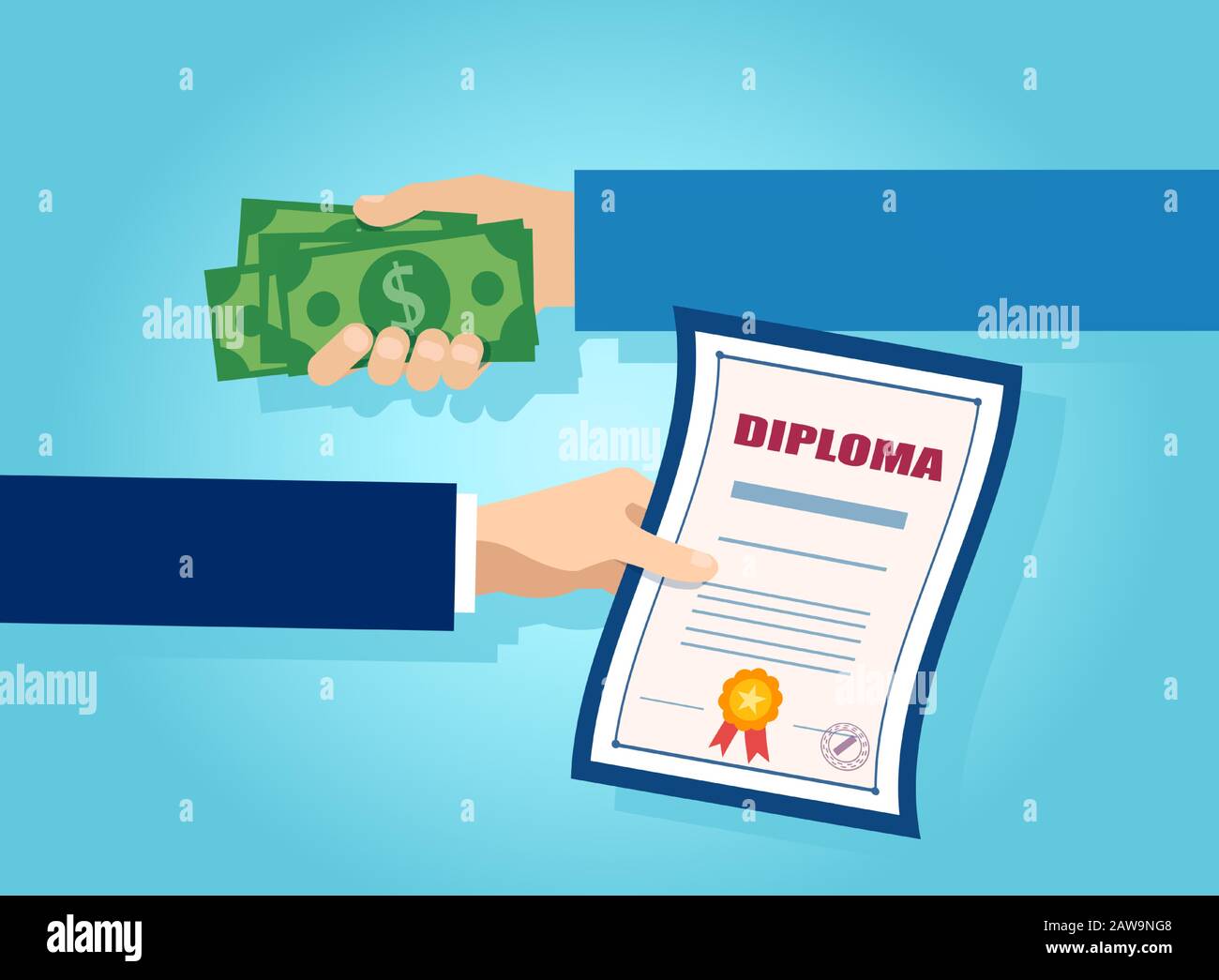 Vector of one hand offering money in exchange for a college diploma ...