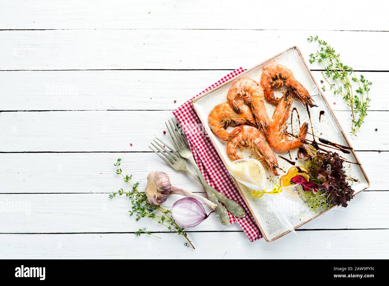 Grilled shrimp. Seafood. Top view. Free space for your text Stock Photo ...