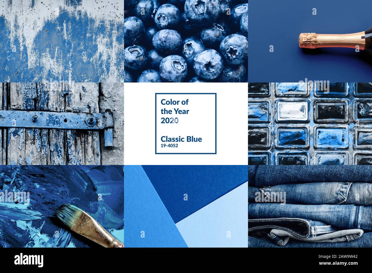 Classic blue color of the year 2020 concept collage Stock Photo - Alamy
