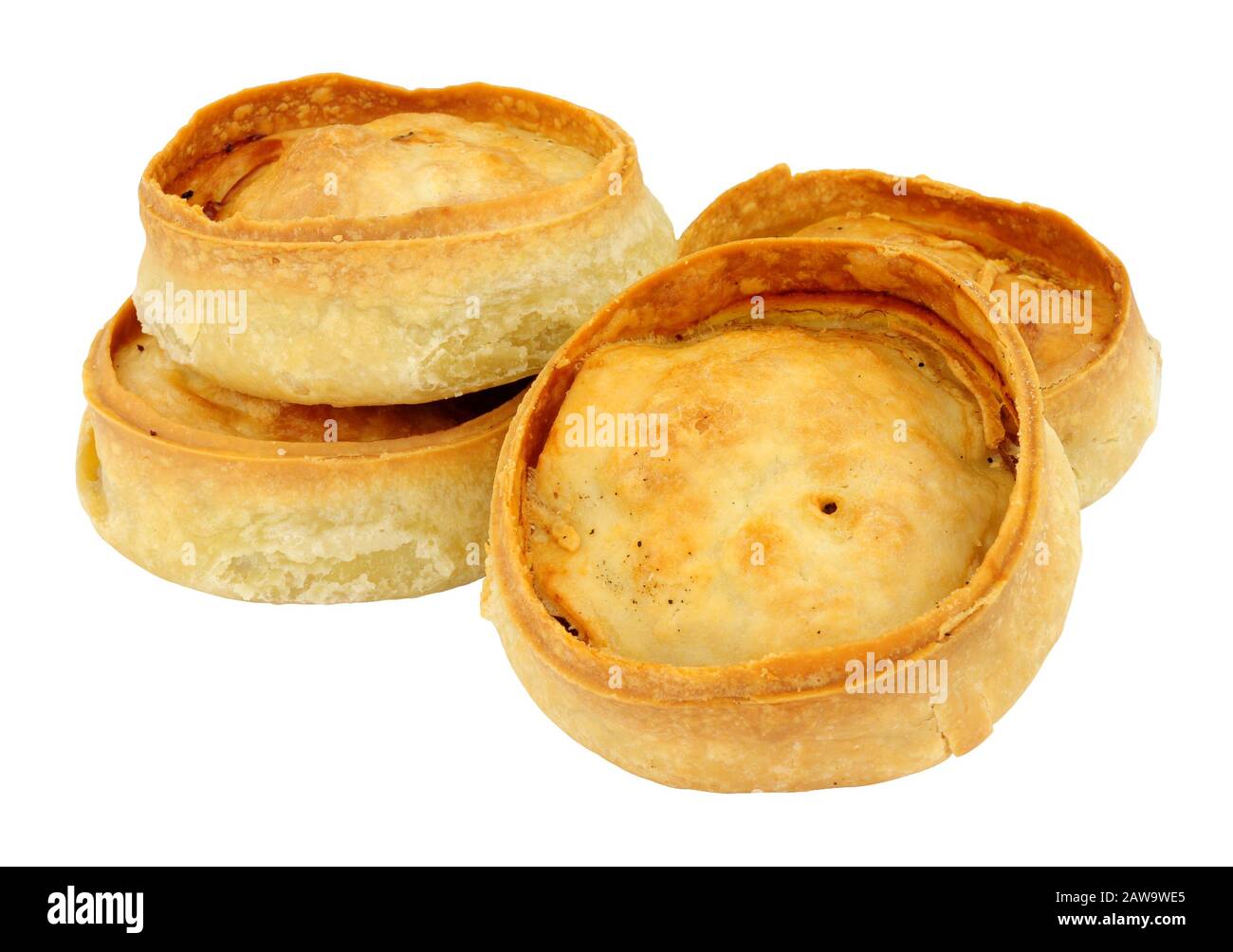 Traditional Scotch meat pies with hard crusty pastry isolated on a ...