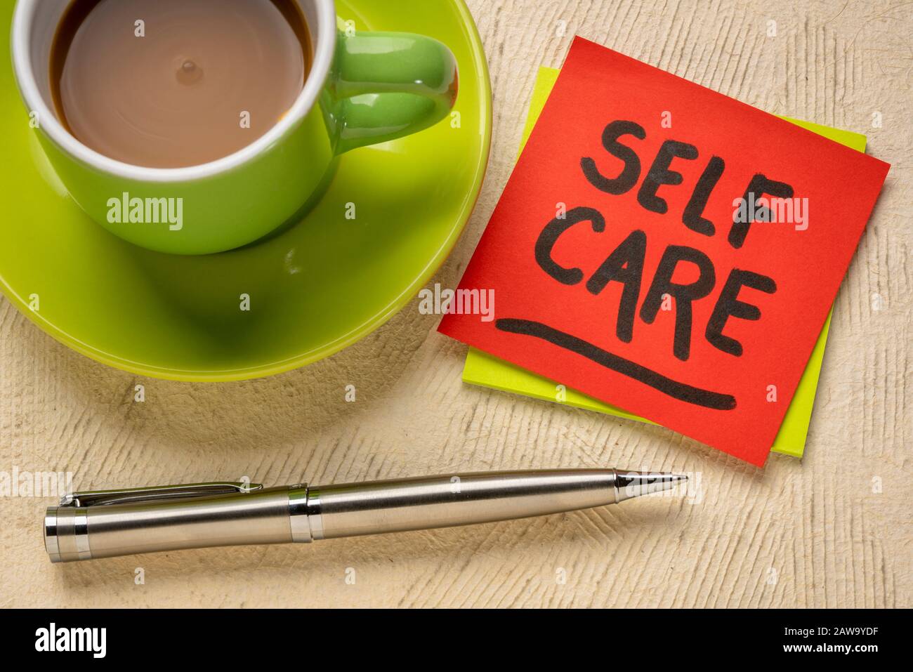 self care reminder note with coffee - health, wellbeing and lifestyle ...