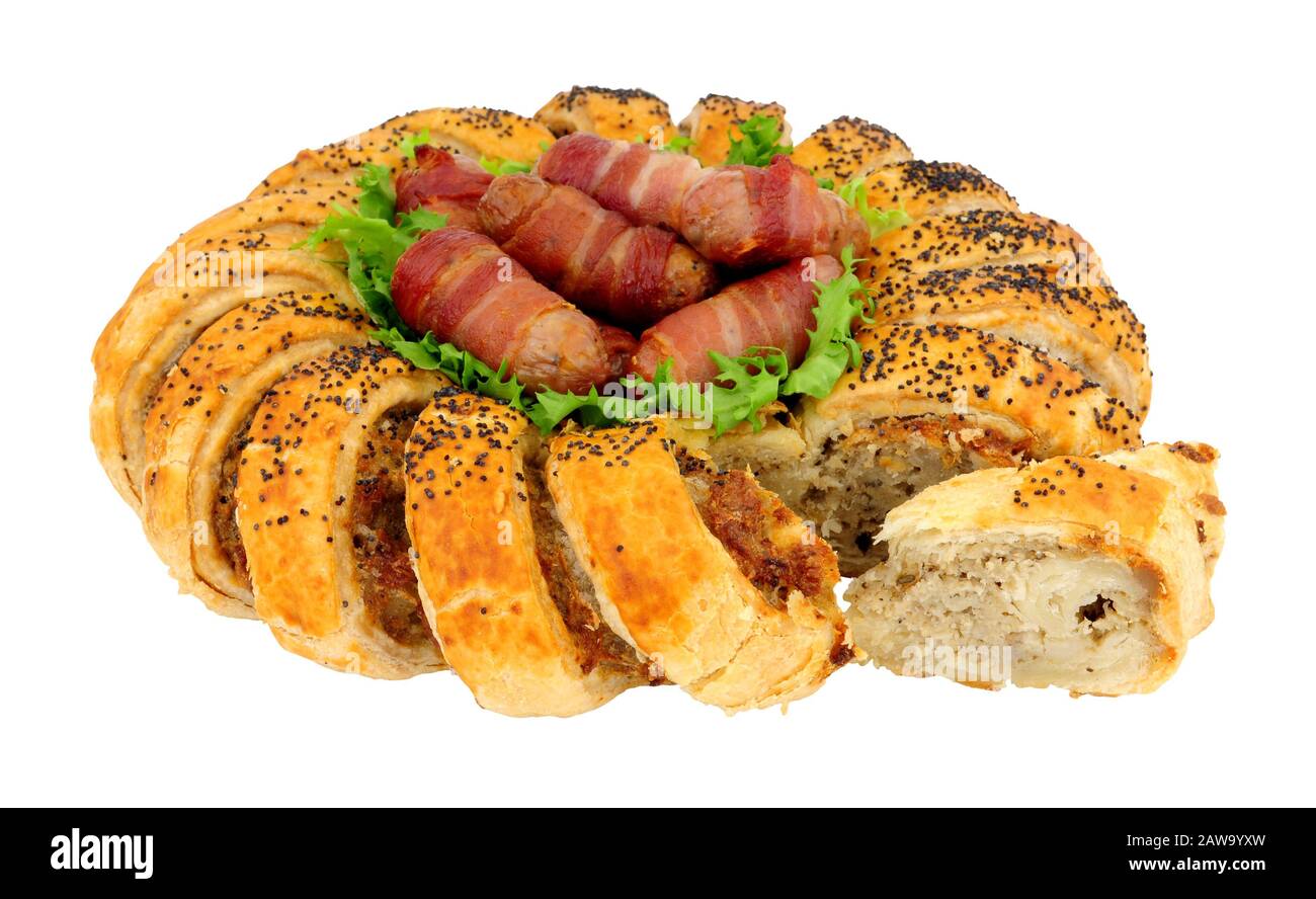 Puff pastry garland ring filled with seasoned pork sausage meat with ...