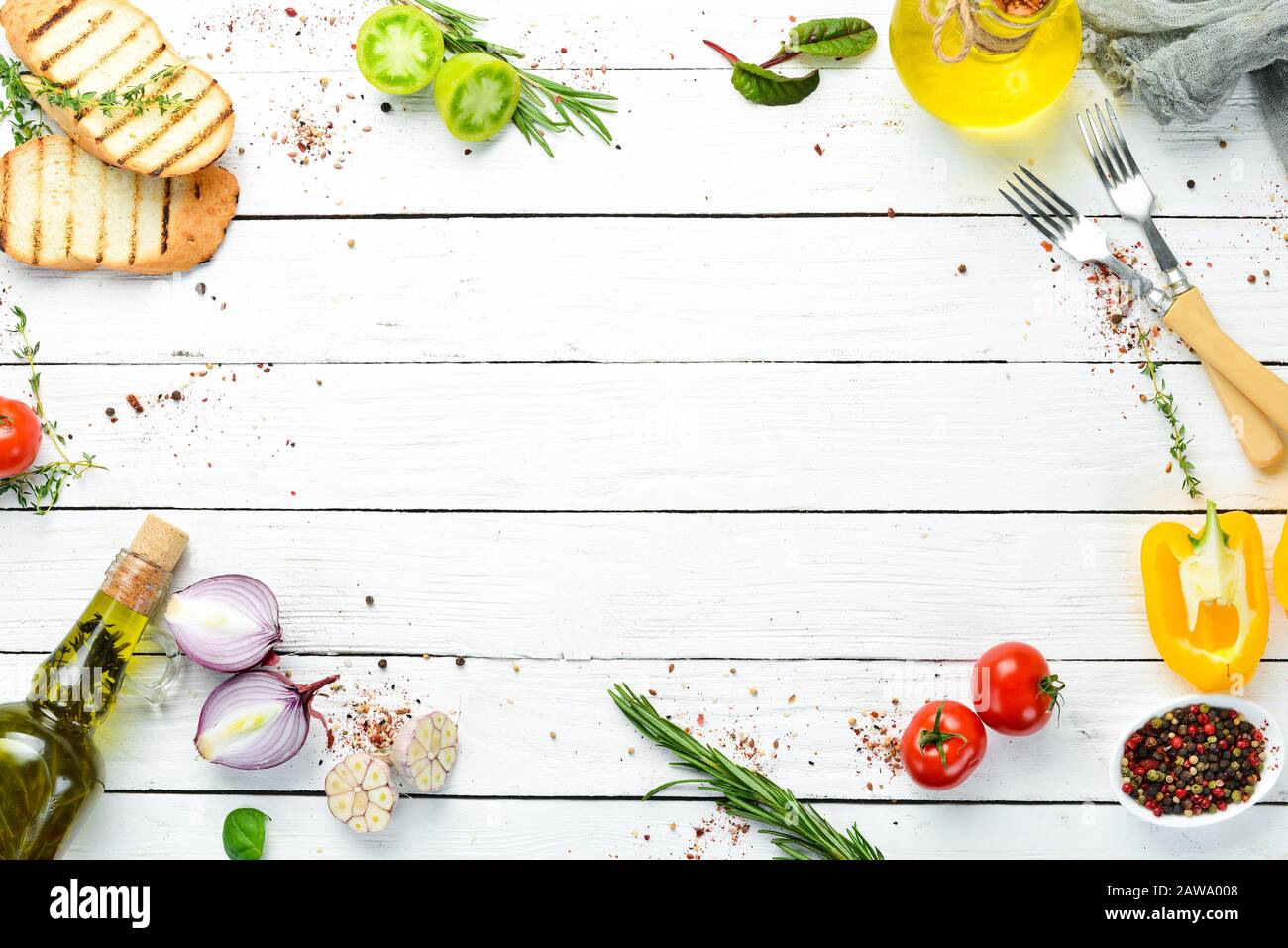 White cooking banner. Kitchen board with vegetables and spices. Top ...
