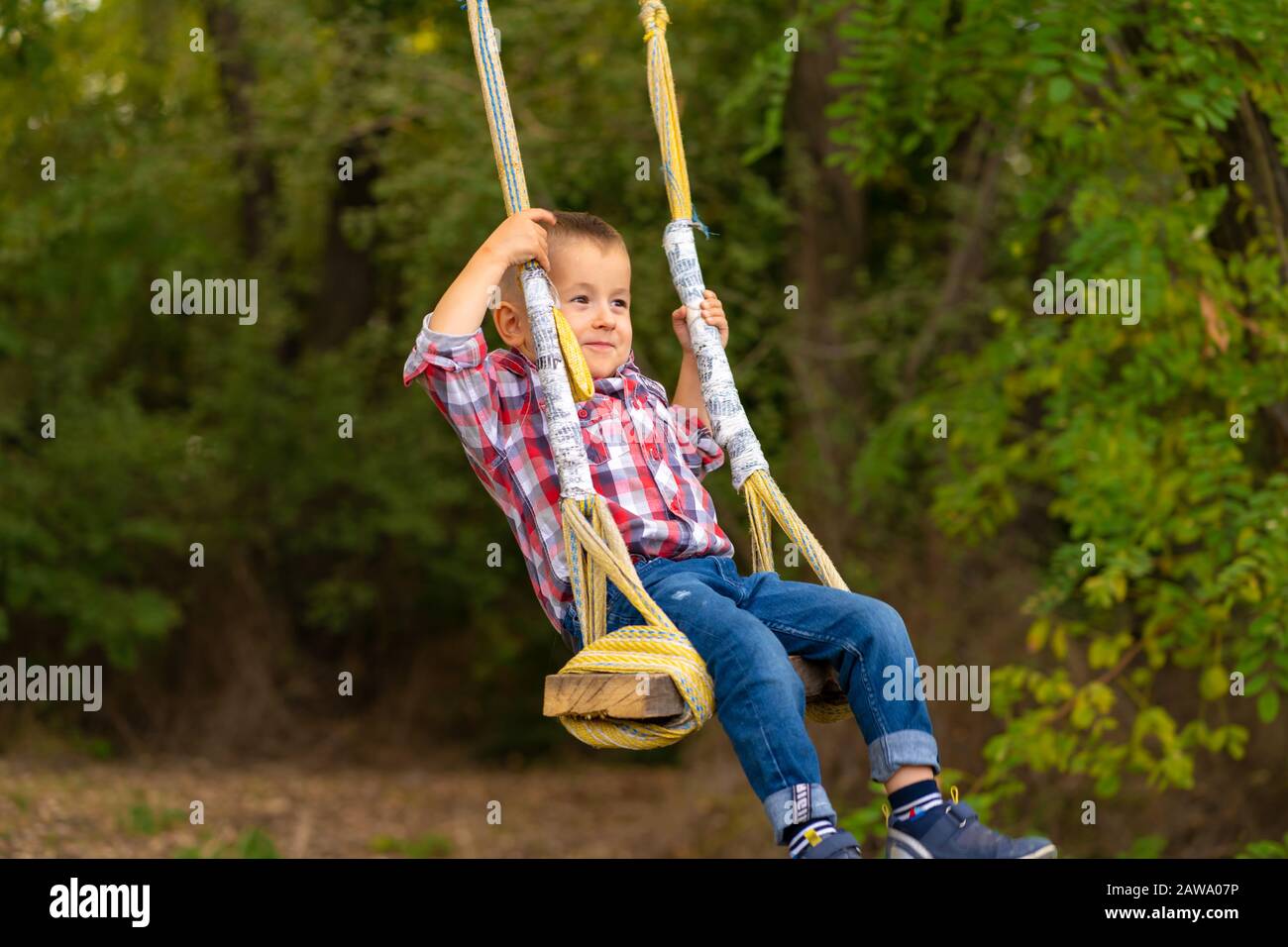 Little boy riding a swing in a green park. Happy childhood Stock Photo ...