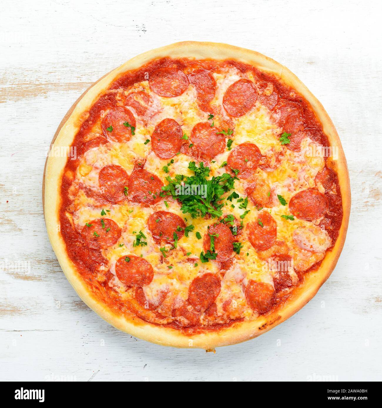 Traditional pizza paperoni. Top view. free space for your text. Rustic ...