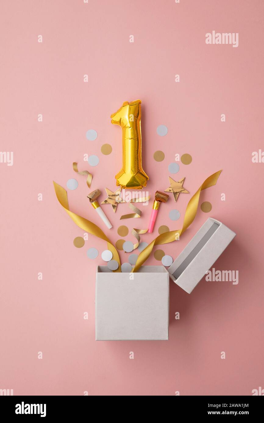Number 1 birthday balloon celebration gift box lay flat explosion Stock ...