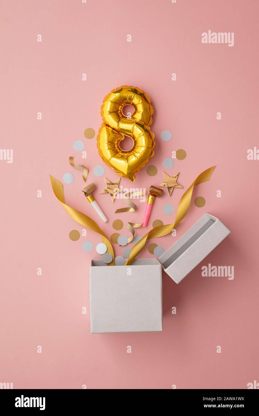Number 8 birthday balloon celebration gift box lay flat explosion Stock ...