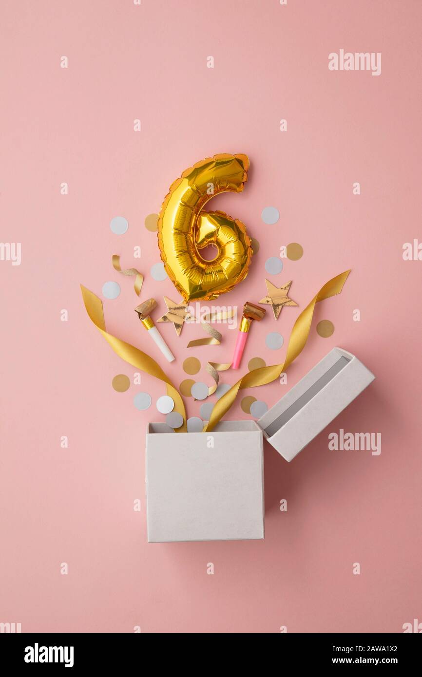 Number 6 birthday balloon celebration gift box lay flat explosion Stock ...