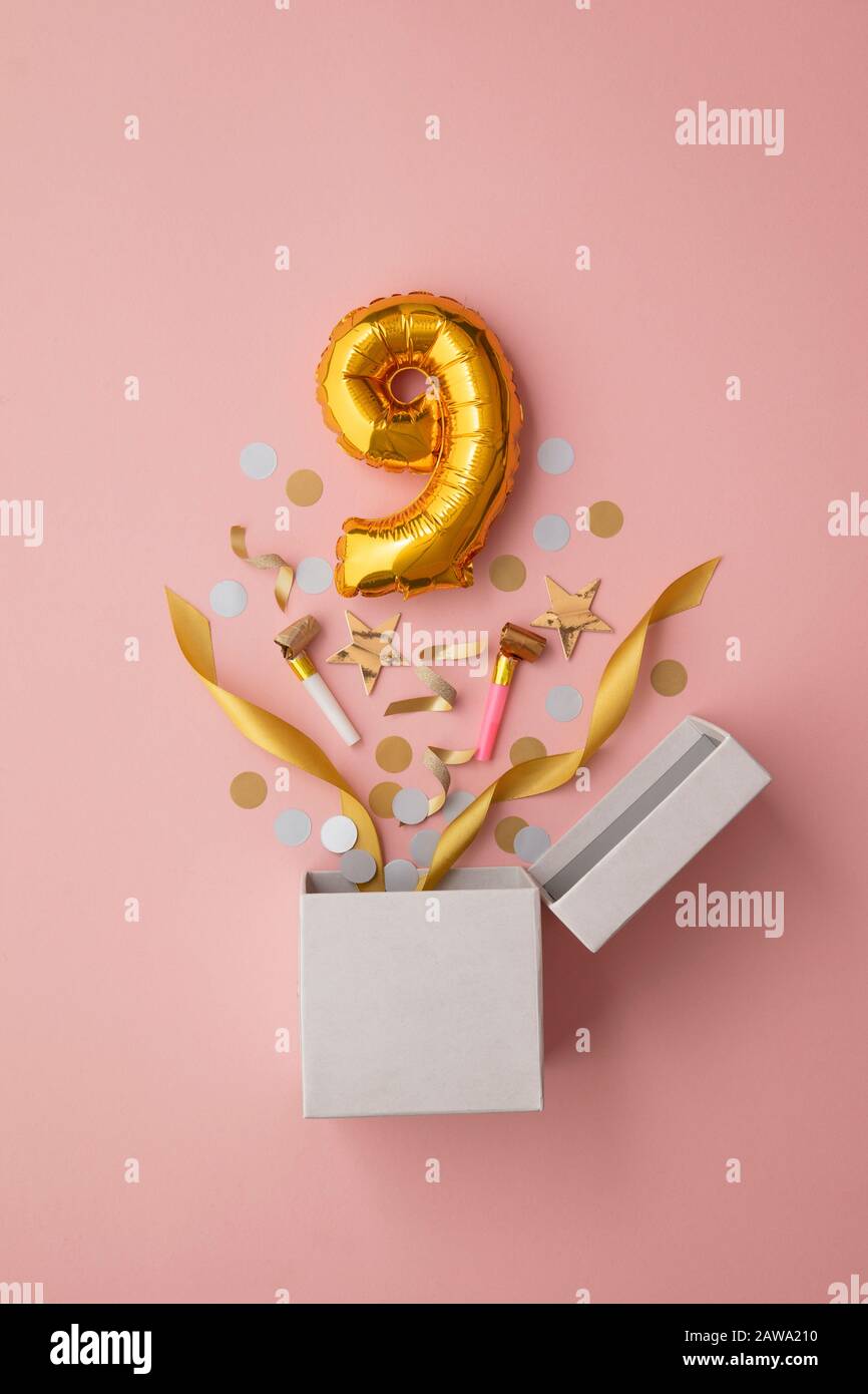 Number 9 birthday balloon celebration gift box lay flat explosion Stock ...