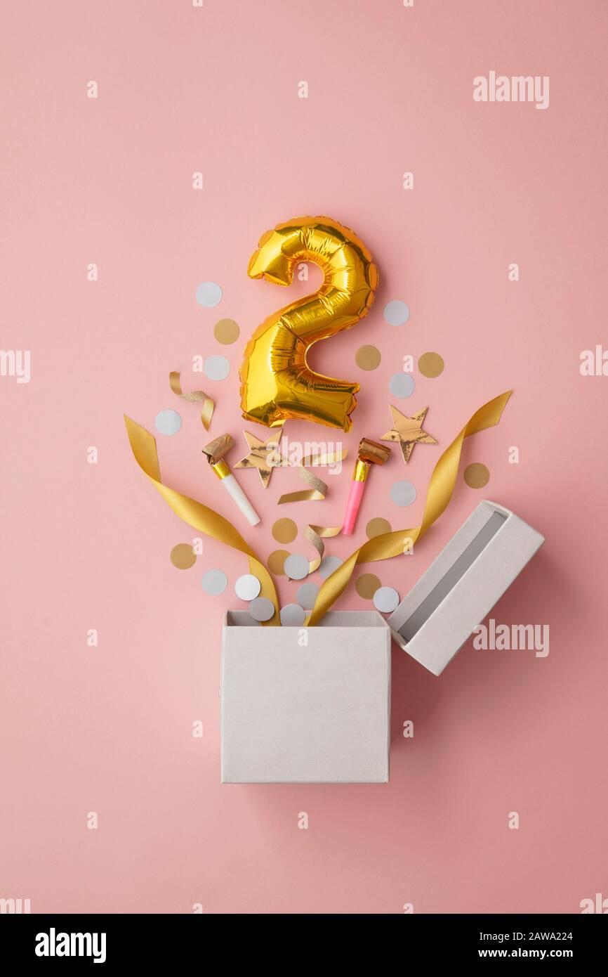 Number 2 birthday balloon celebration gift box lay flat explosion Stock ...