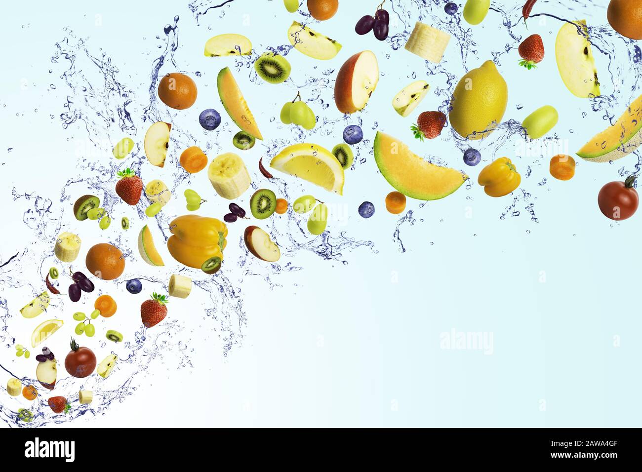 mixed fruit with splash of water on white background, bright colors ...