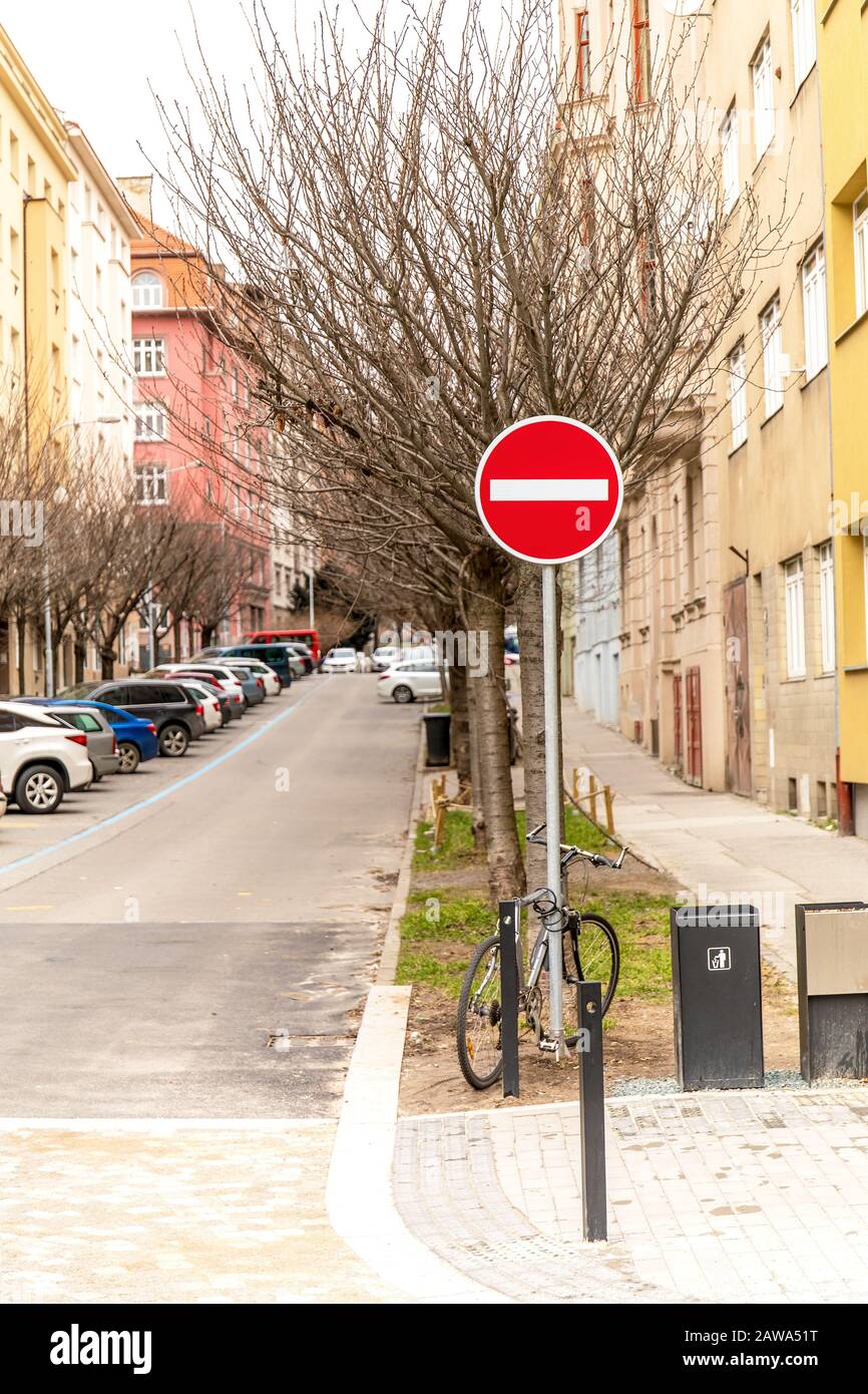 Road sign no entry one-way street in the city of Brno in Czech Republic ...