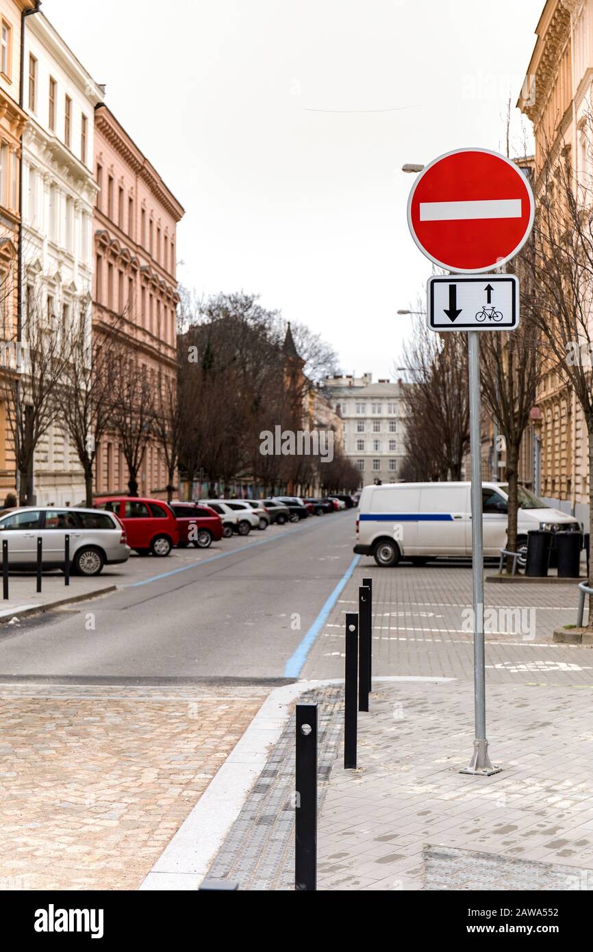 Road sign no entry one-way street in the city of Brno in Czech Republic ...