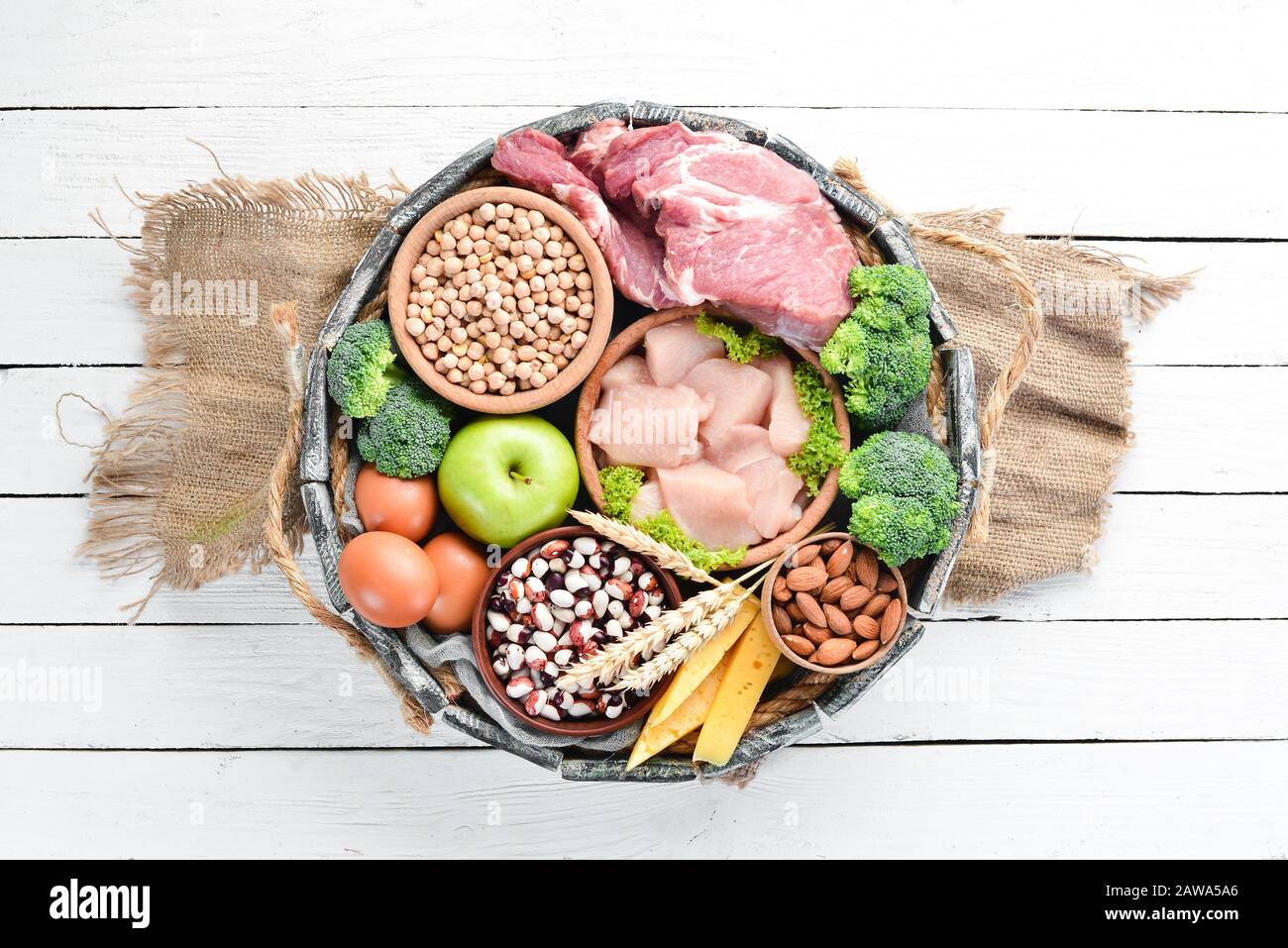 Balanced diet food background. Meat, chicken fillet, broccoli, beans ...