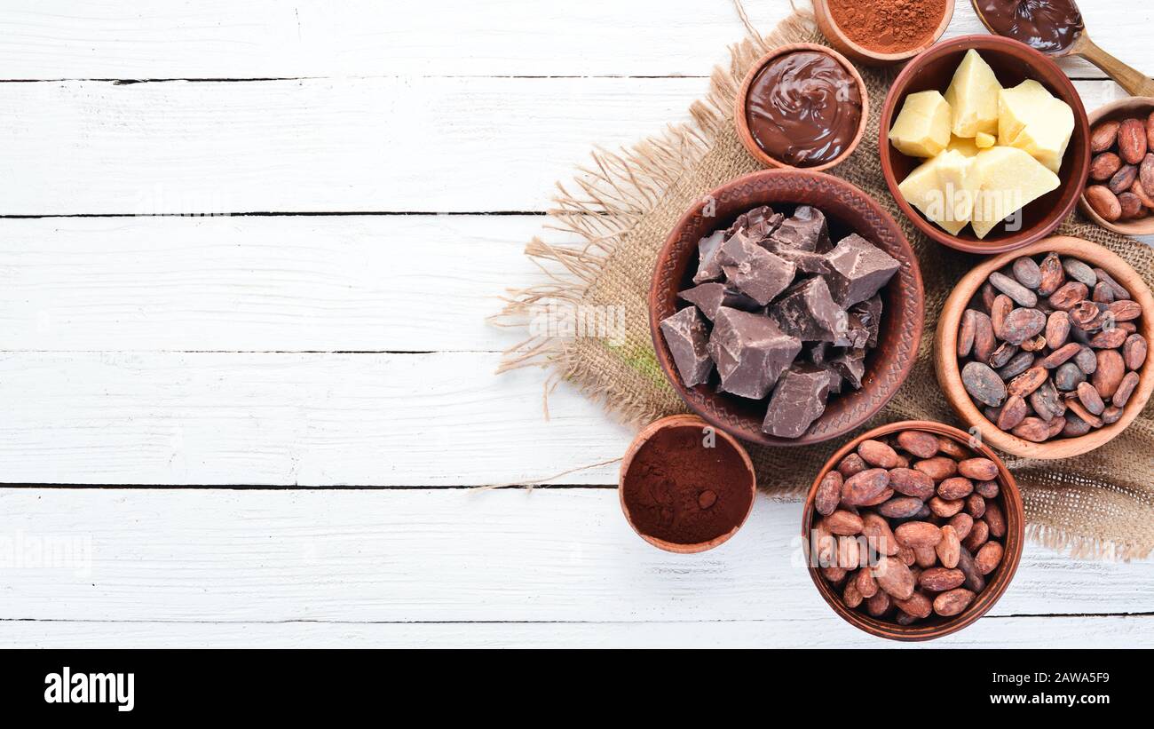 Cocoa beans, chocolate, cocoa butter and cocoa powder on a white wooden ...