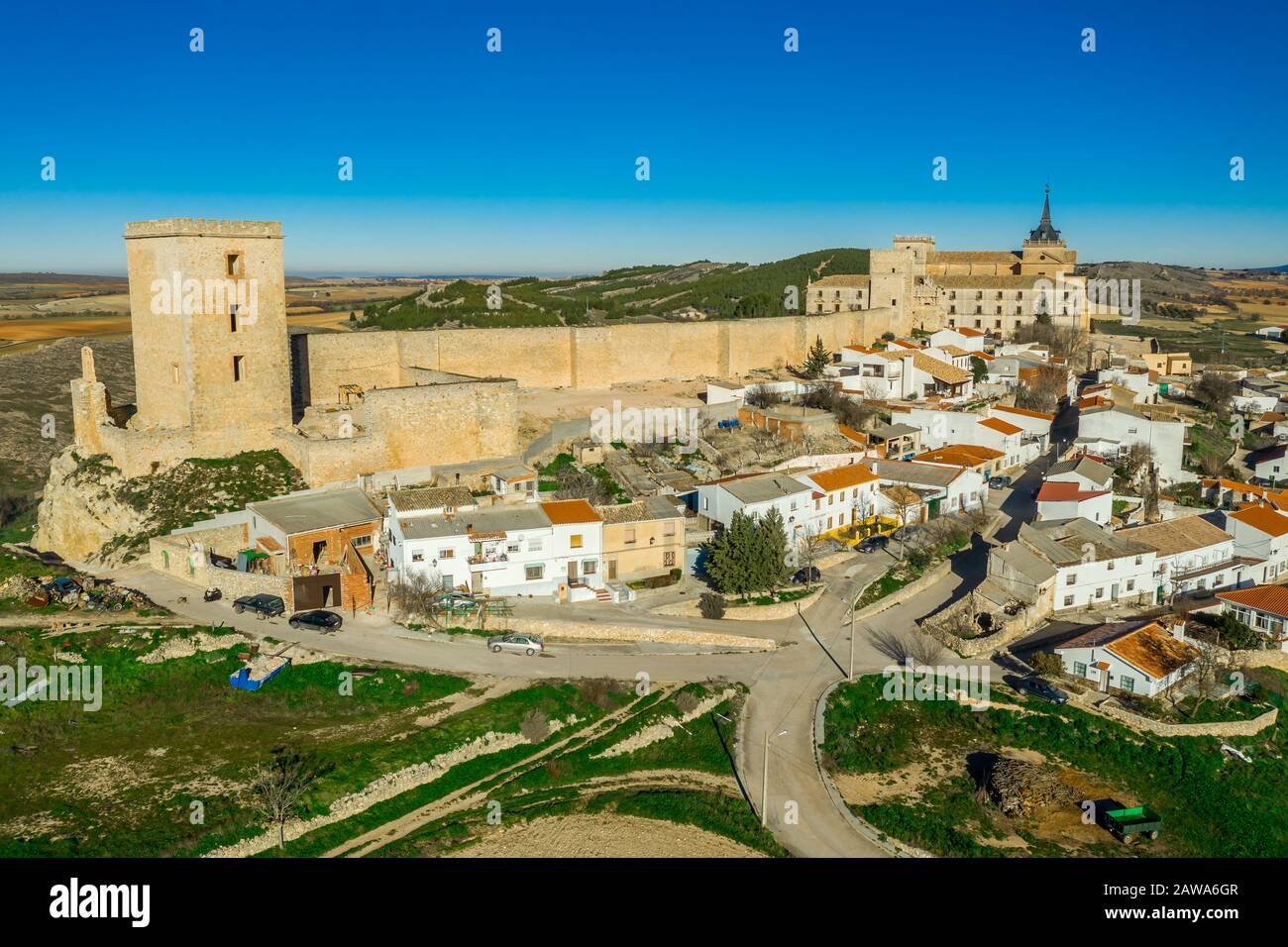Aerial view of Ucles castle and monastery with two keeps gates and ...